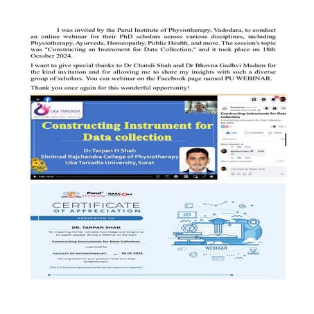 Webinar on "Constructing an Instrument for Data collection"for PhD Scholars of Parul University ...