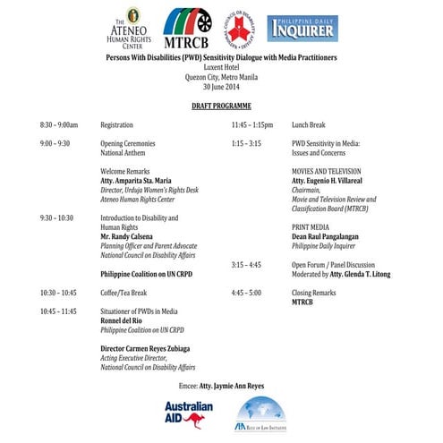 Pwd sensitivity dialogue with media practitioners program of activities ...