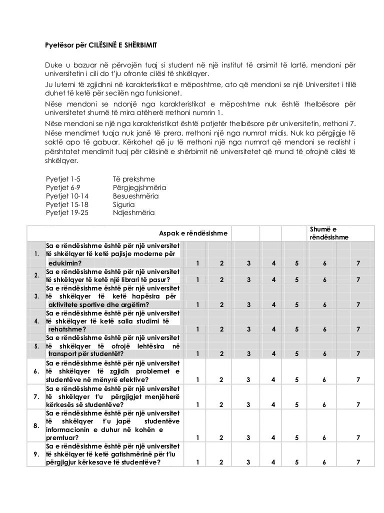 Pyetësor për cilësinë e shërbimit