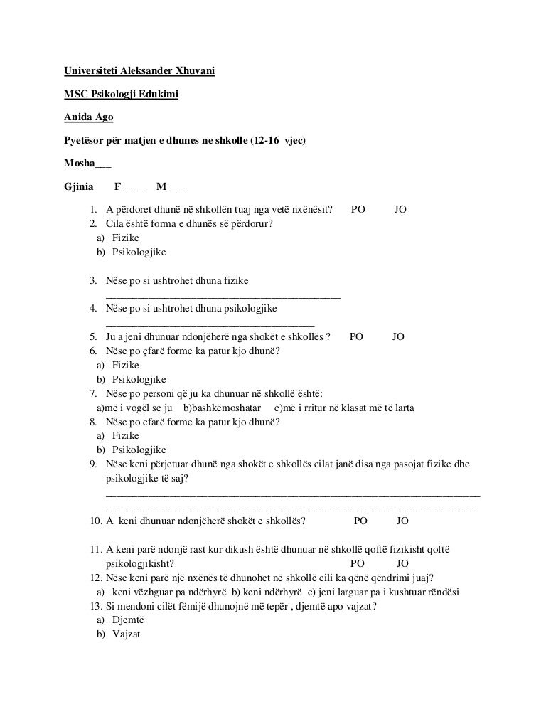 Pyetësor për matjen e BULIZMIT ne shkolle