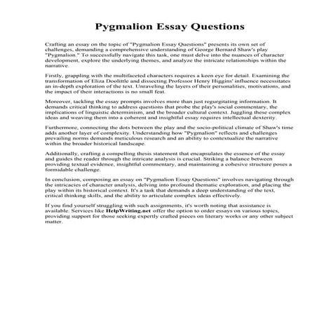Pygmalion Essay Questions. Geneva College | PDF