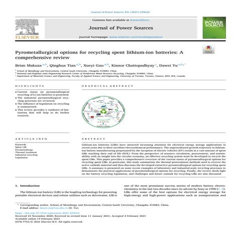 Pyrometallurgical options for recycling spent lithium-ion batteries A ...