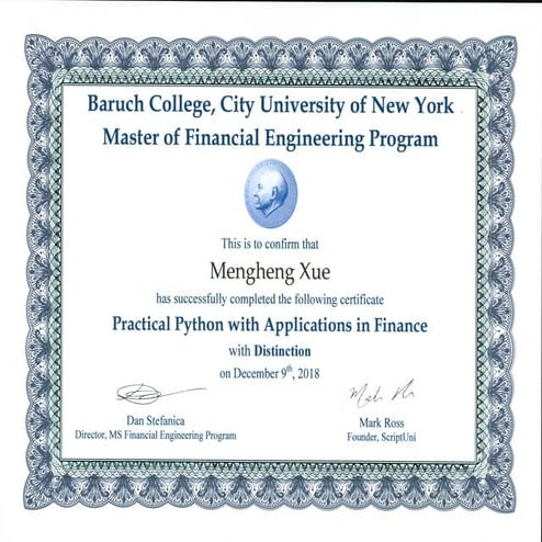 Practical Python with Application in Finance Certificate | PDF ...