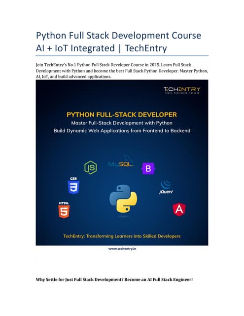 Python Full Stack Development Course AI + IoT Integrated | TechEntry | PDF Python Full Stack Development Course AI + IoT Integrated | TechEntry | PDF