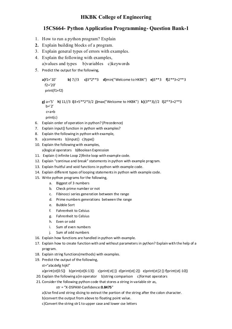 15CS664- Python Application Programming- Question bank 1 15CS664- Python Application Programming- Question bank 1