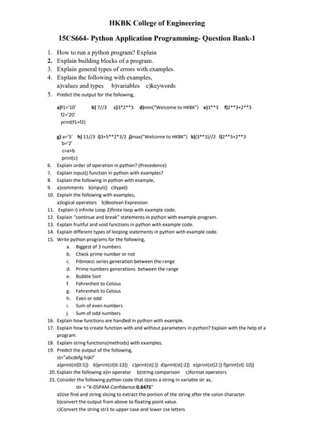 15cs664 Python Application Programming Question Bank 1 Pdf 8919