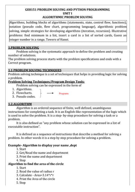 Python Unit 1pdfpython Notes For Bharathiar University Syllabus Pdf 5232