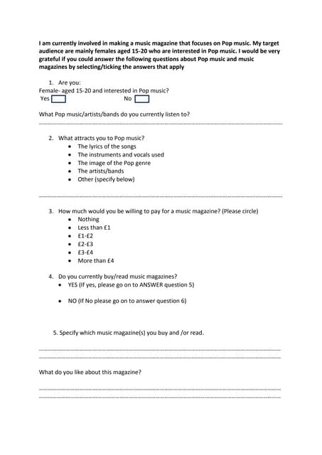 Pop magazine questionnaire