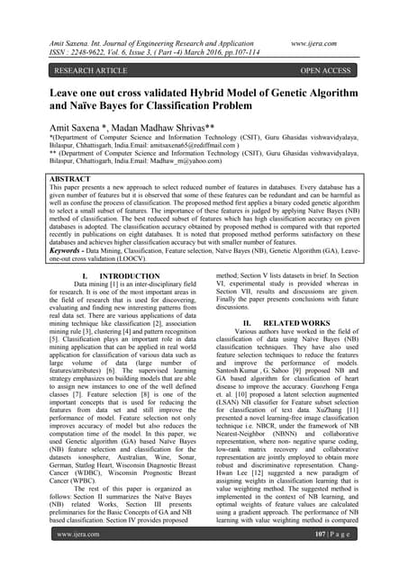 Leave One Out Cross Validated Hybrid Model Of Genetic Algorithm And Naïve Bayes For