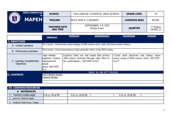 mapeh 10 muwsic quarter 1 lesson plan for grade 10 | DOCX