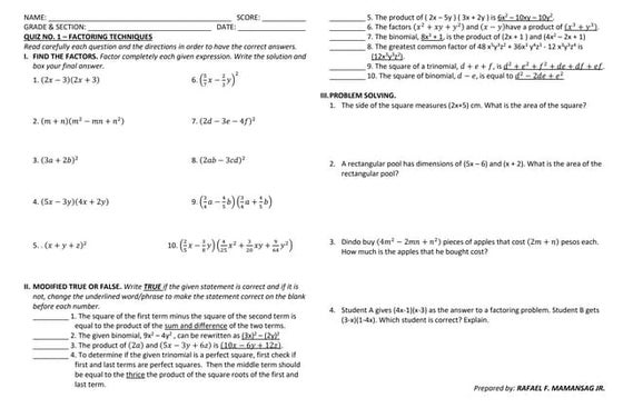 Factoring the Common Monomial Factor Worksheet | PDF