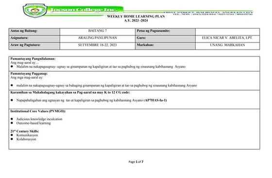 MATATAG LESSON PLAN IN ARALING PANLIPUNAN 7 | PDF