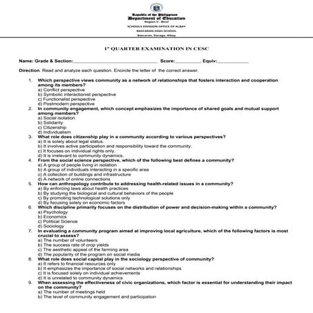 quarter 1 examination on HOPE physical education 11 | PDF