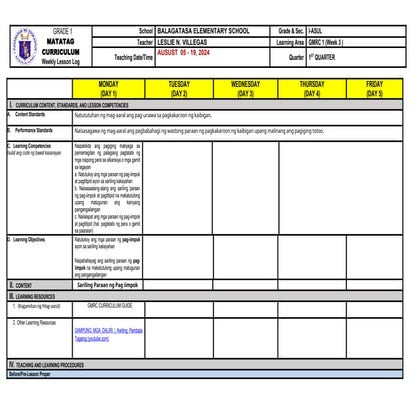 daily lesson log in subject in the grade | DOCX