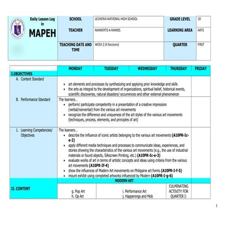 Q1 Grade 10 ARTS DLL Week 2.pdf