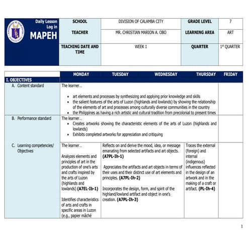 Q1 Grade 7 ARTS DLL Week 1.pdf