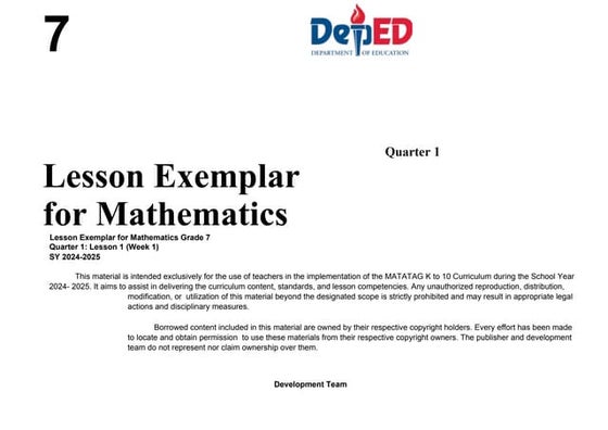 Mathematics 7:Lesson 1- Week 1 Exemplar .pdf | Education