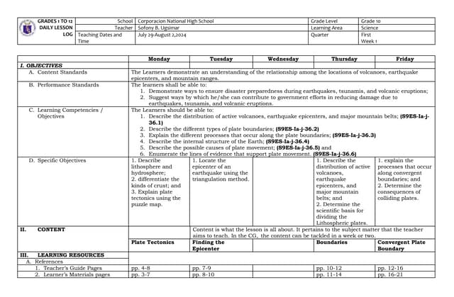 Earth Science - Lesson Plan Grade 10 1st Quarter | DOCX