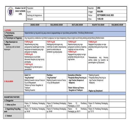 quarter 1, filipino 10 daily lesson plan | DOCX