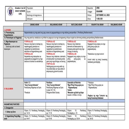 LESSON EXEMPLAR FILIPINO 7 - WEEK 1 - MATATAG CURRICULUM | PDF