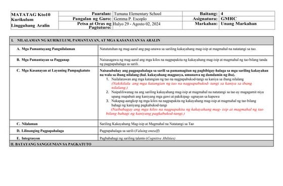 GMRC 4LESSON PLAN MATATAG CURRICULUM SY 2024-2025 | DOCX