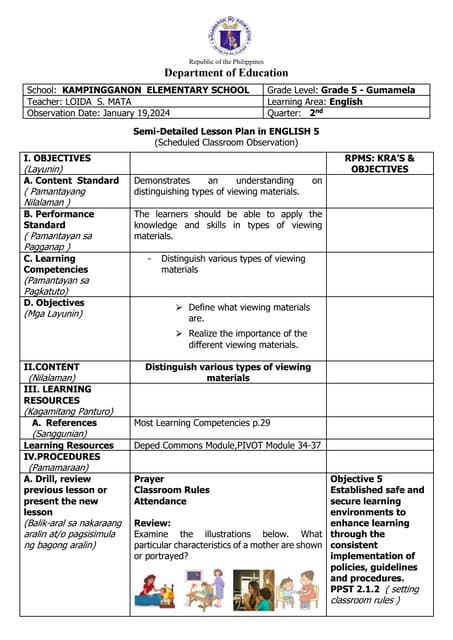Detailed Lesson plan in English 5 Text types | PDF