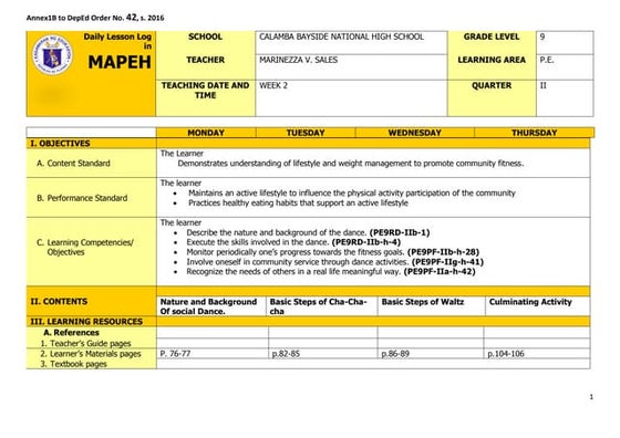 Q2 Grade 9 PE DLL Week 1.pdf | Education