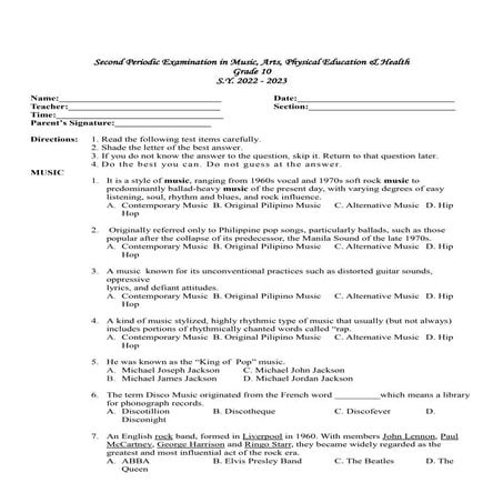 Second Quarterly Examination for Mapeh 10 | DOCX
