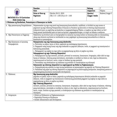 LESSON EXEMPLAR FILIPINO 7 - WEEK 1 - MATATAG CURRICULUM | PDF