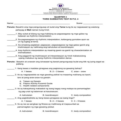 third quarter third assessment in PE grade 4 | PDF