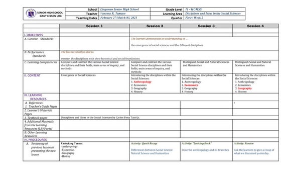 Lesson Plan Disciplines or branches of social sciences | PDF
