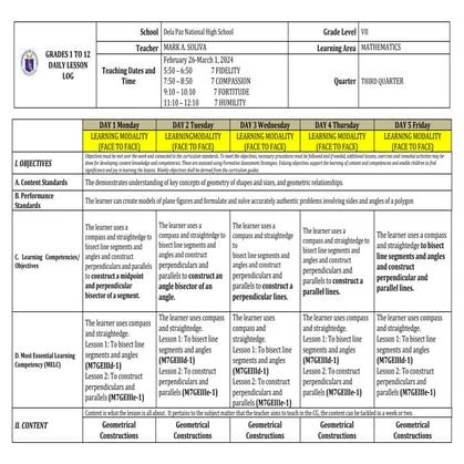 DAILY LESSON LOG MATHEMATICS 7 GEOMETRICAL CONSTRUCTIONS | DOCX