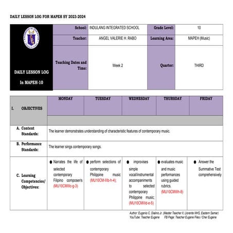 Music Grade 10 3rd Quarter learning plandocx | DOCX