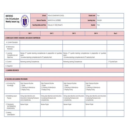 lesson exemplar daily lesson log for 3rd quarter for week 9 for grade 4 ...