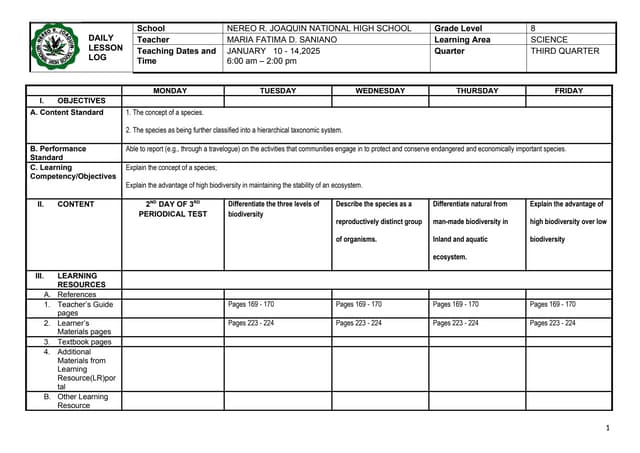dll in science 9 1st quarter.docx for teachers | DOCX
