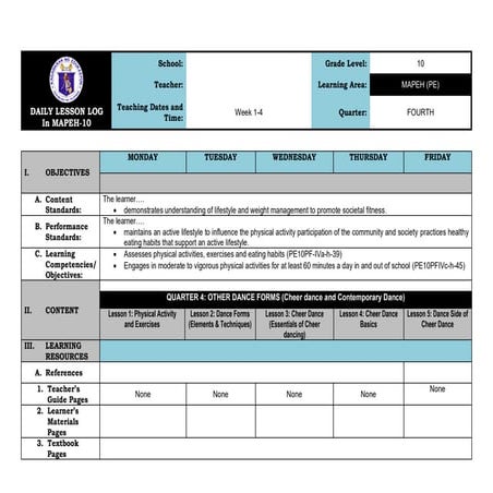Mapeh 8 Physical Education Quarter 4 aaaa | DOCX