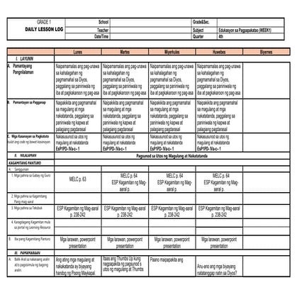 Quarter 4 Week 1 Daily Lesson Log in ESP Grade 1 | DOC