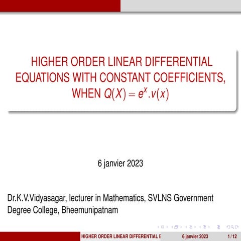 Solution of higher order linear differential equation when q(x)=e^ax.v(x) | PPT