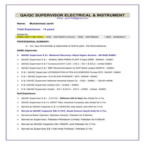 qa-qcsupervisor cv for electrical and instrunment | PDF