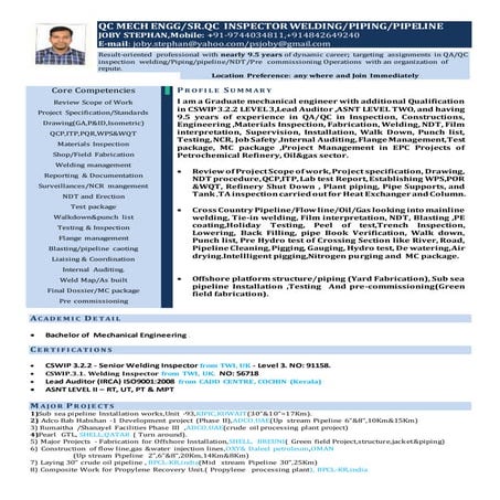 Qa qc mech enggs or sr.qc inspector welding.piping.pipeline | PDF
