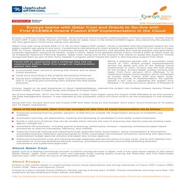 Evosys teams with Qatar Cool and Oracle to Go-live with First ECEMEA ...