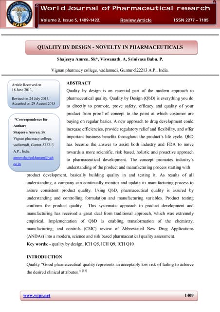 INTRODUCTION TO QUALITY BY DESIGN (QBD) | PPTX | Pharmaceutical ...