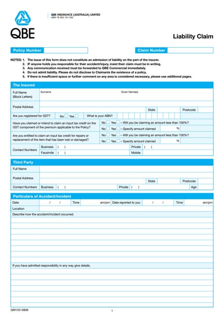 Lumley Liability Claim Form | PDF