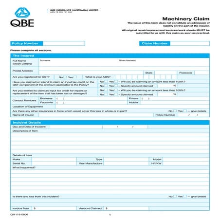 QBE Machinery Claim Form | PDF