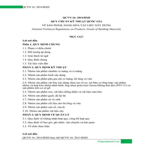 QCVN 16:2014/BXD QUY CHUẨN KỸ THUẬT QUỐC GIA VỀ SẢN PHẨM, HÀNG HÓA VẬT LIỆU XÂY DỰNG | PDF