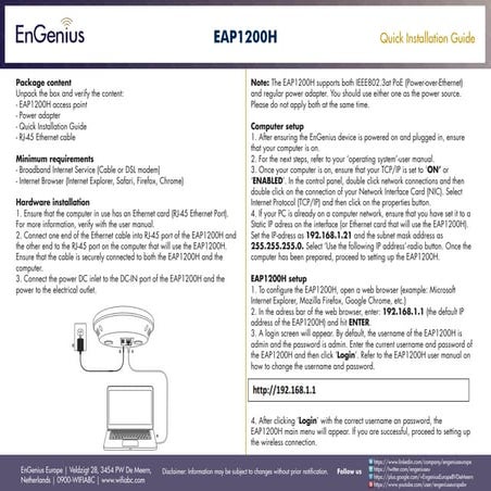 Quick installation Guide EAP1200H English | PDF