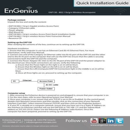 Quick Installation Guide EnGenius EAP150 | PDF