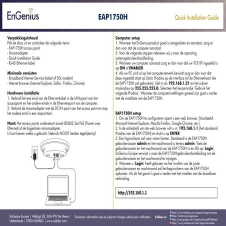 Quick Installation Guide EAP1750H Dutch | PPT