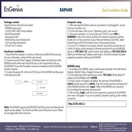 Quick Installation Guide EnGenius EAP600 | PDF