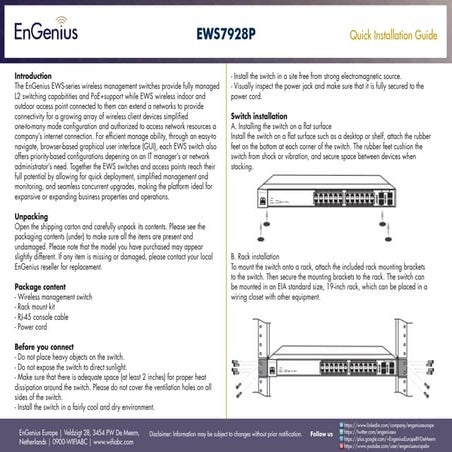 Quick Installation Guide EnGenius EWS7928P | PDF